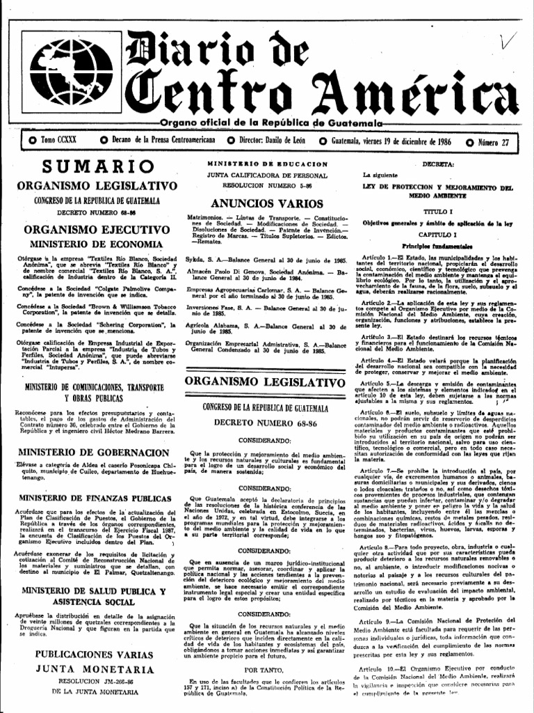Acuerdo Gubernativo 68-86 Diario Centroamerica | PDF