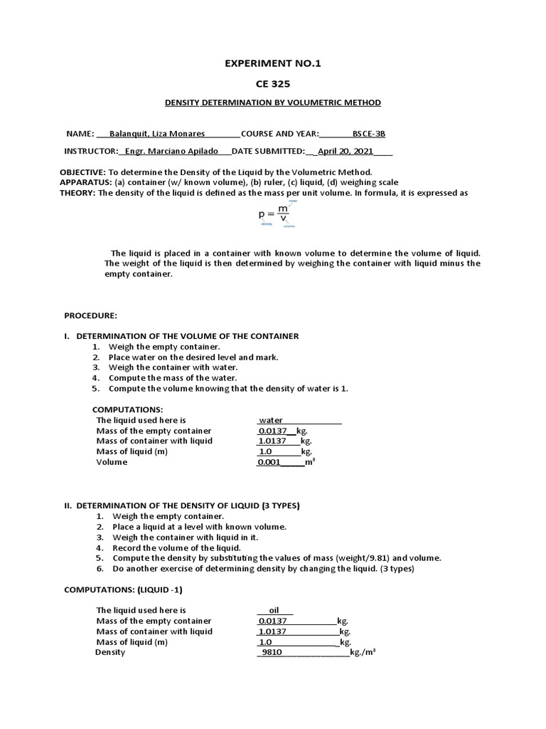 Experiment No, 1 | Download Free PDF | Density | Volume
