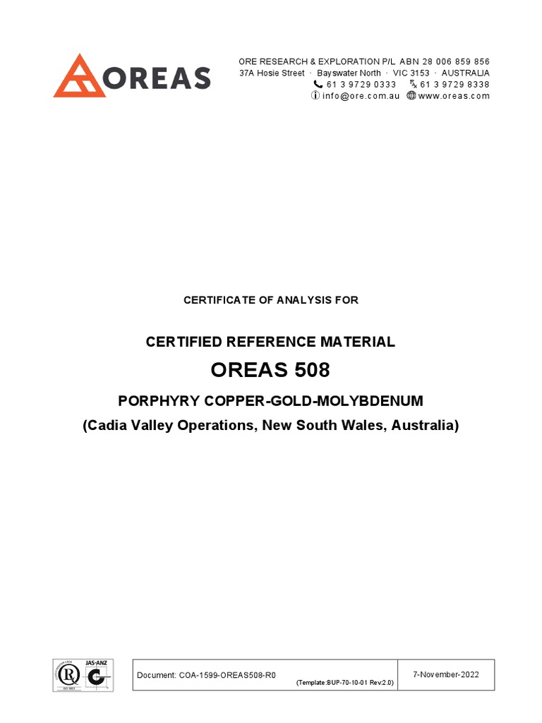 OREAS 508 Certificate | PDF | Outlier | Building Materials
