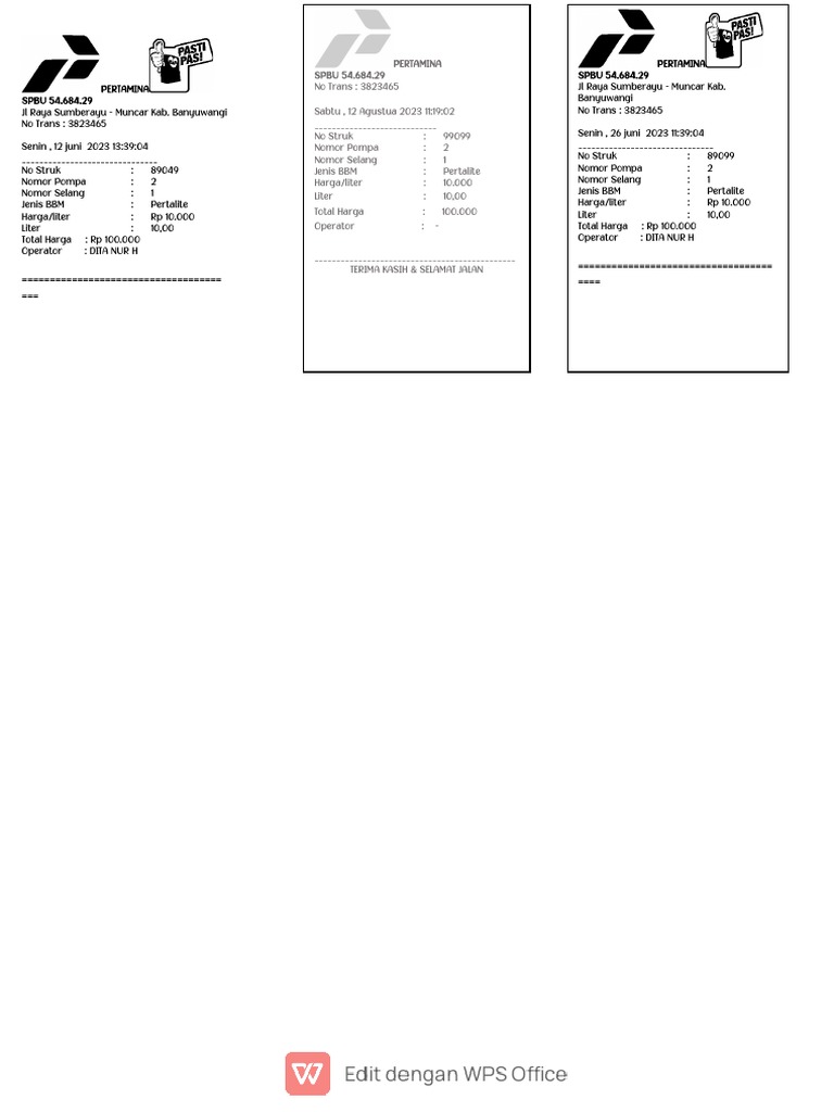 Struk Pembelian BBM Pertalite | PDF
