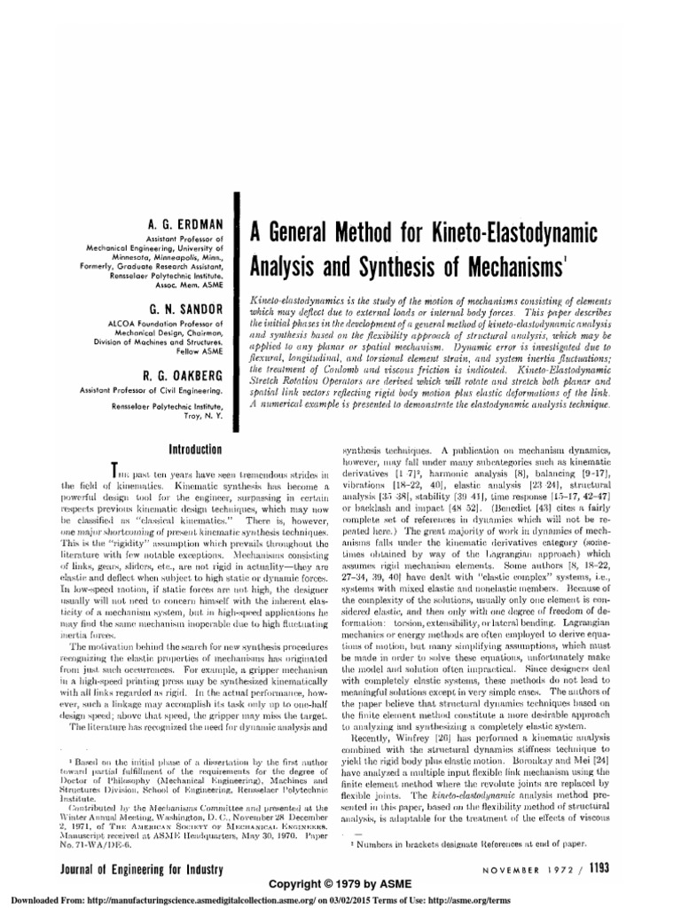 A General Method For Kineto Elastodynamic Analysis and Synthesis of Mechanisms | PDF