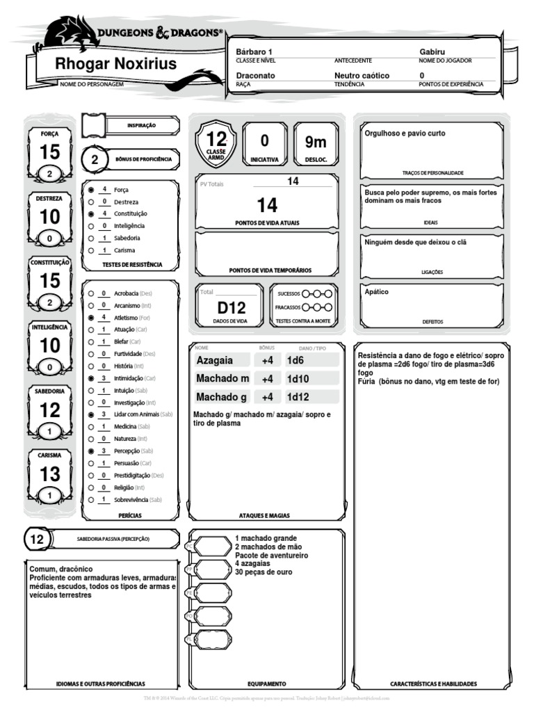 Ficha de Personagem: Rhogar Noxirius, Bárbaro Draconato | PDF