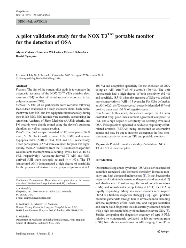 A Pilot Validation Study For The NOX T3 Portable Monitor For The Detection of OSA | PDF