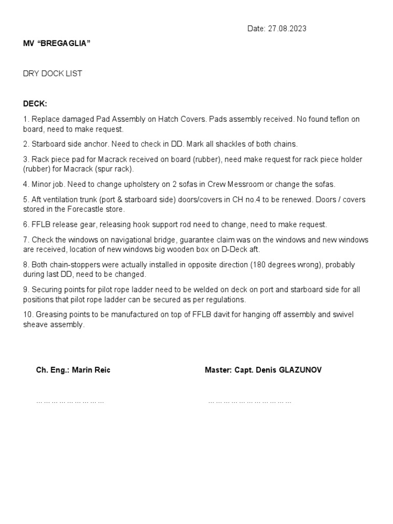 MV BREGAGLIA Dry Dock Maintenance Checklist | PDF
