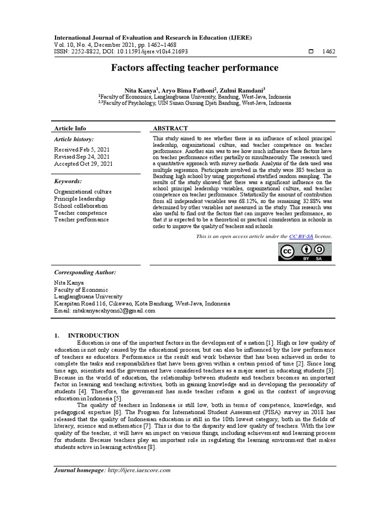 Teacher Performance Influencing Factors | PDF