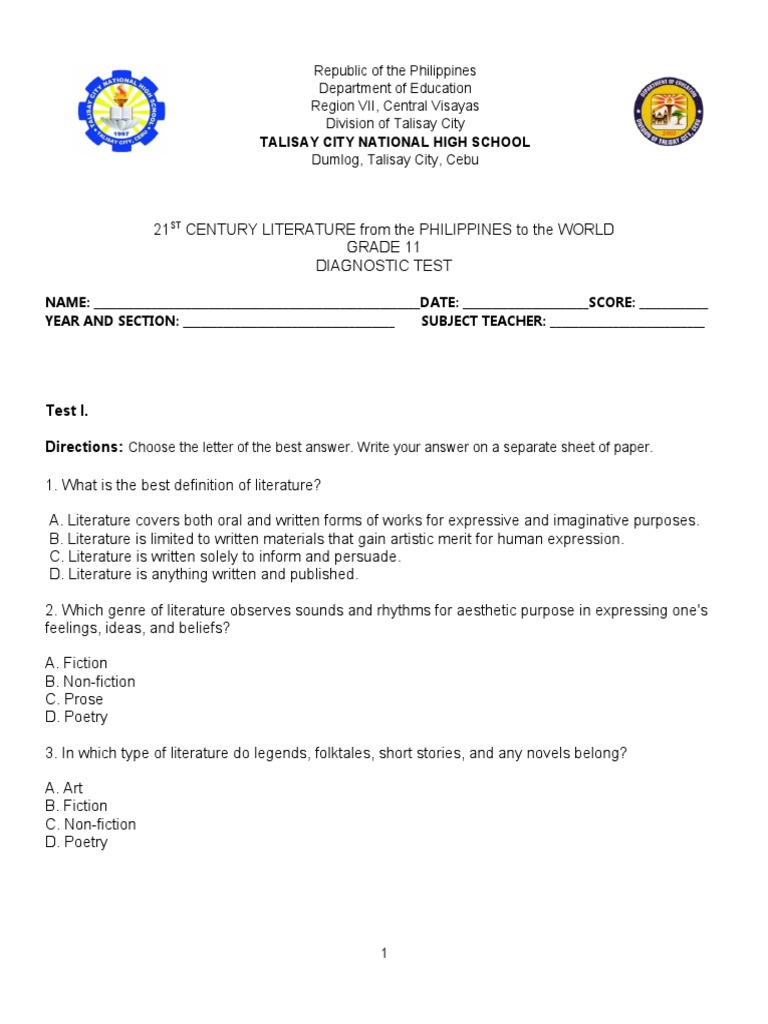 Diagnostic Test 21ST Century | PDF | Poetry | Legends Diagnostic Test 21ST Century | PDF | Poetry | Legends