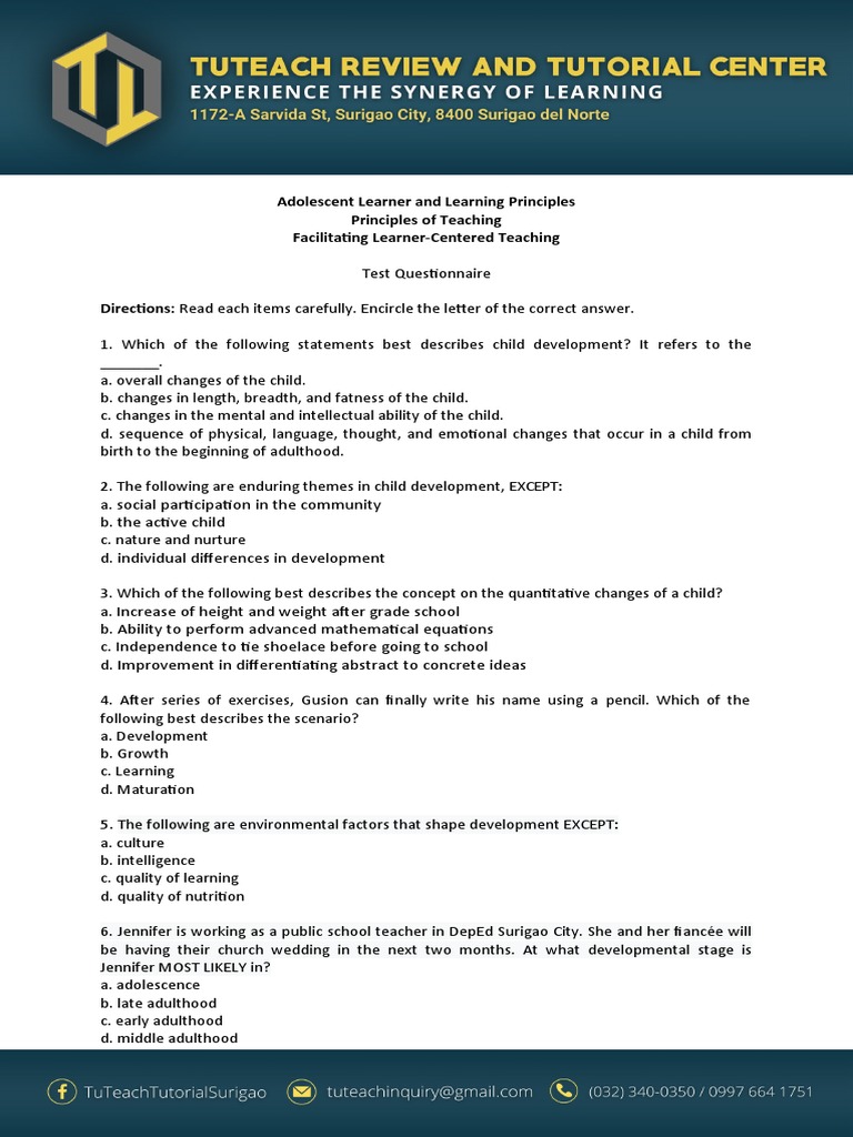 TuTeach Surigao Cuñado 100 Items TQs No Answer Keys | PDF | Thought | Learning