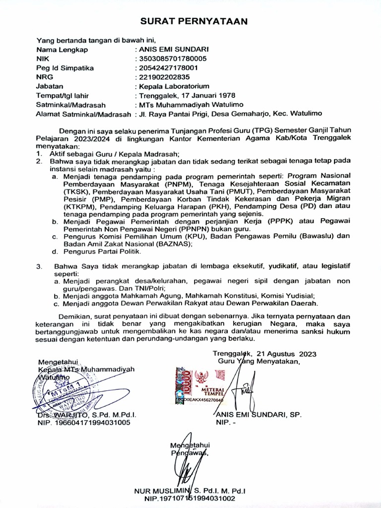 Surat Pernyataan Anis Emi Sundari | PDF