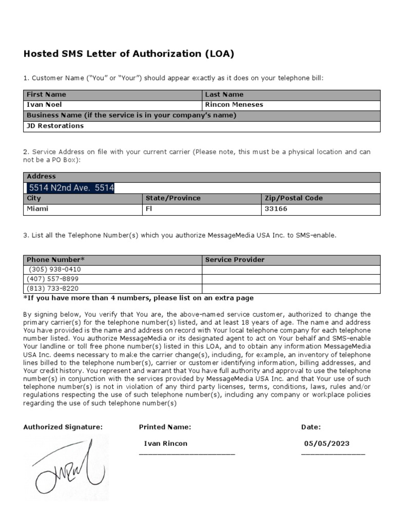 Hosted SMS LOA Form Signed | PDF | Finance & Money Management | Politics