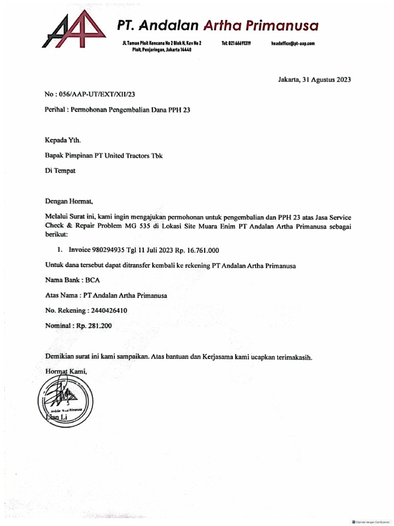 Surat Pengajuan Refund PPH 23 | PDF