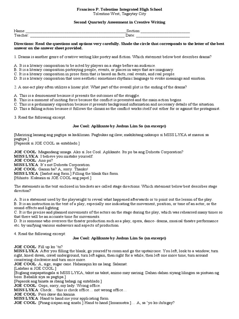 Creative Writing 2nd Quarter Exam | PDF | Essays