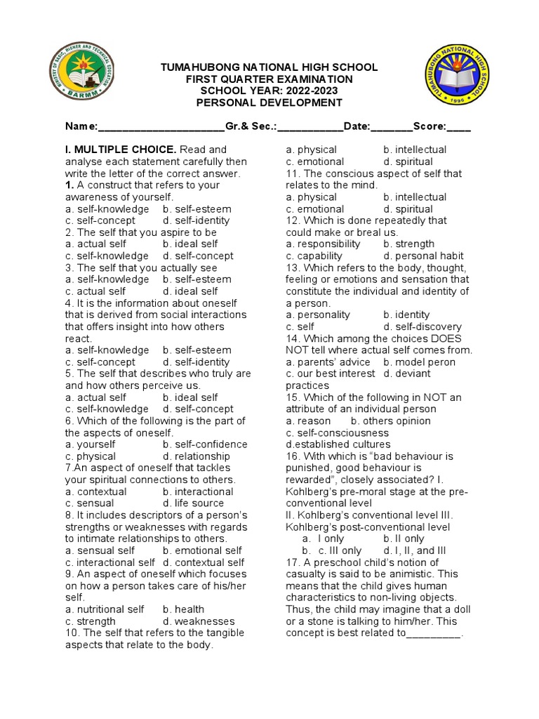 First Q1 Exam Pederv | PDF | Self Concept | Behavioural Sciences