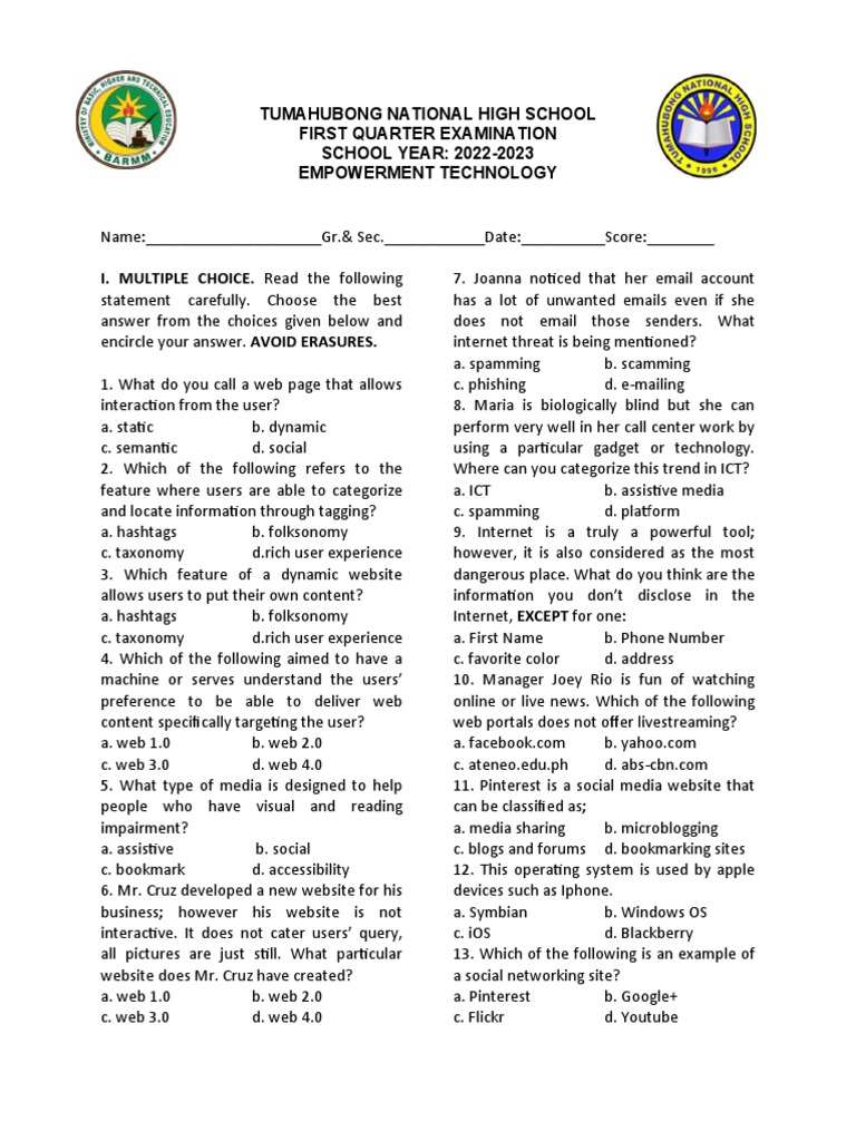 First Quarter Exam Empowerment Tech | PDF | Websites | World Wide Web