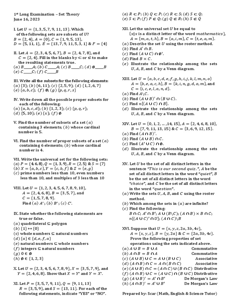 Set Theory 1ST Long Exam | Download Free PDF | Set (Mathematics) | Integer