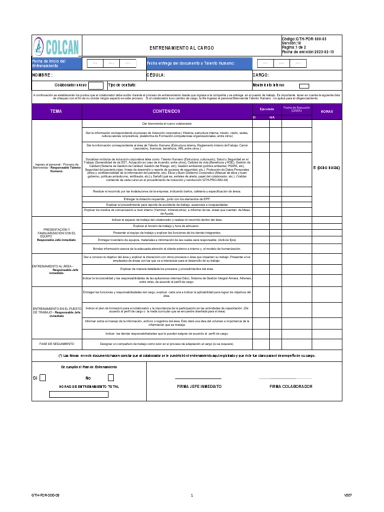 Formato de Entrenamiento Al Cargo Colcan 2023 | PDF | Información ...