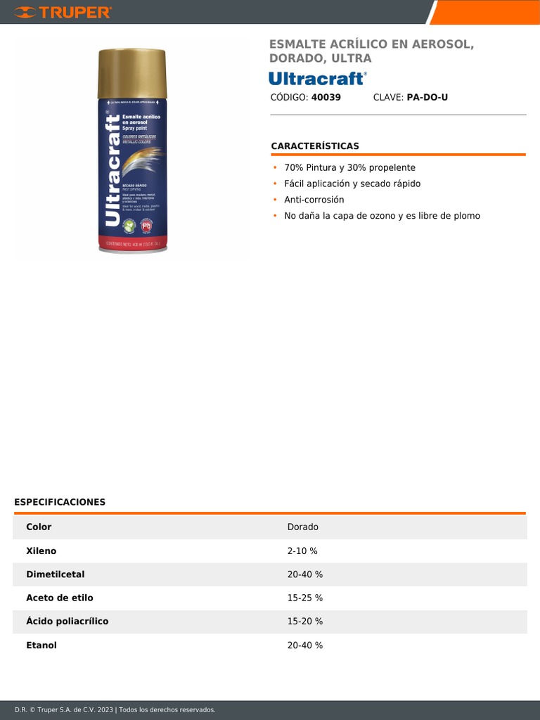 Ficha Tecnica Pintura en Spray Dorado Metalico Ultracraft 40039 | PDF