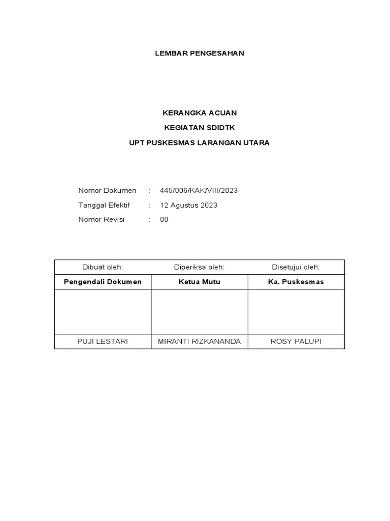 Format KAK (Kerangka Acuan) SDIDTK UPT Puskesmas Larangan Utara 2023 | PDF