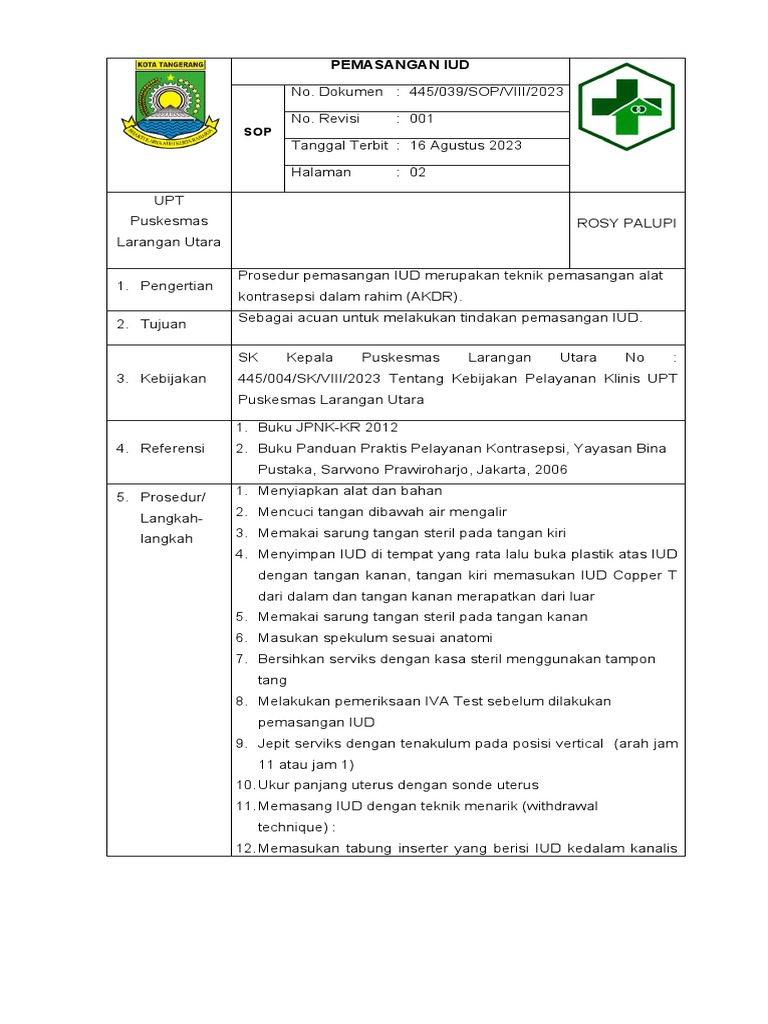 Prosedur Pemasangan IUD di Puskesmas | PDF