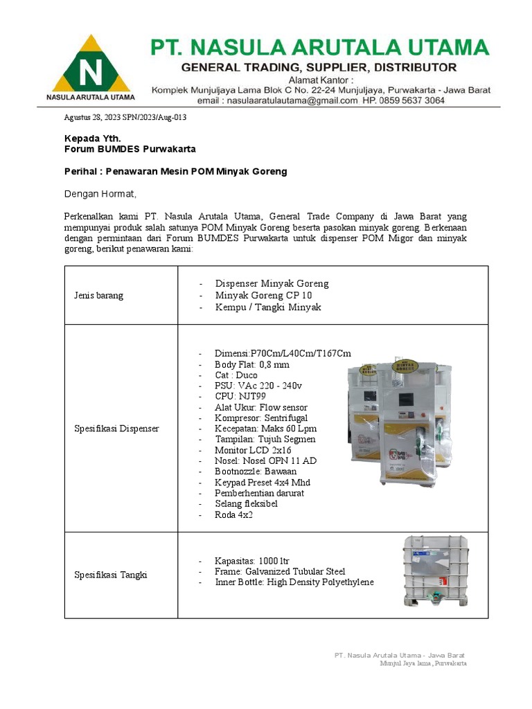Penawaran Mesin POM Migor BUMDES | PDF