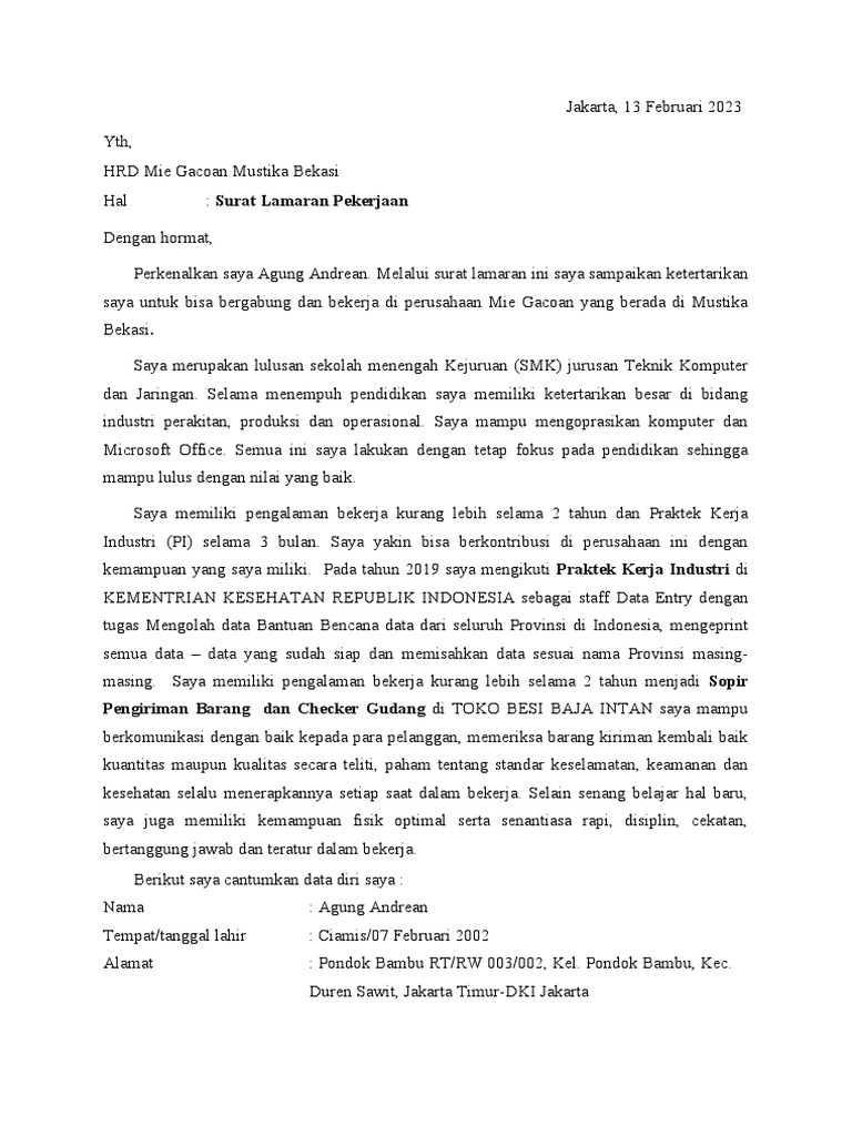 Surat Lamaran Pekerjaan Ke Mie Gacoan | PDF