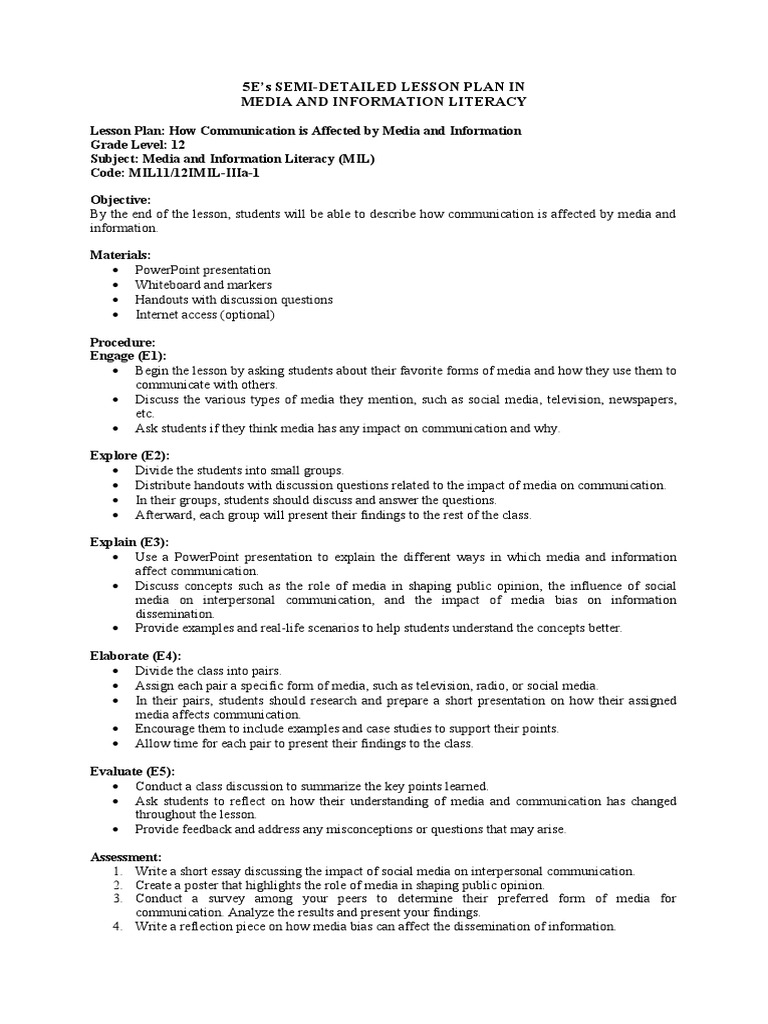 5E'S Semi-Detailed Lesson Plan in Media and Information Literacy | PDF ...