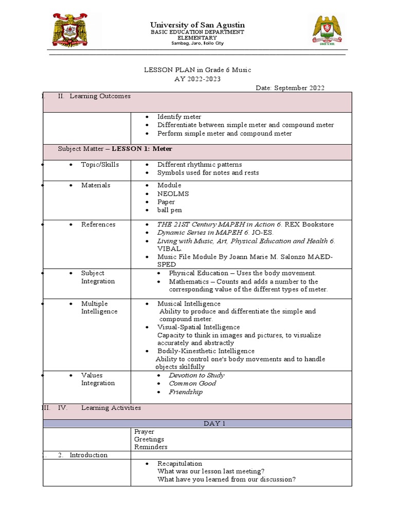 Music 6 - Lesson 2 (Learning Plan) | PDF | Cognition | Cognitive Science