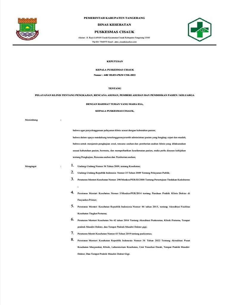 PDF SK Pelayanan Klinis Tentang Pengkajian Rencana Asuhan Pemberi Asuhan Dan Pendidikan Pasien ...