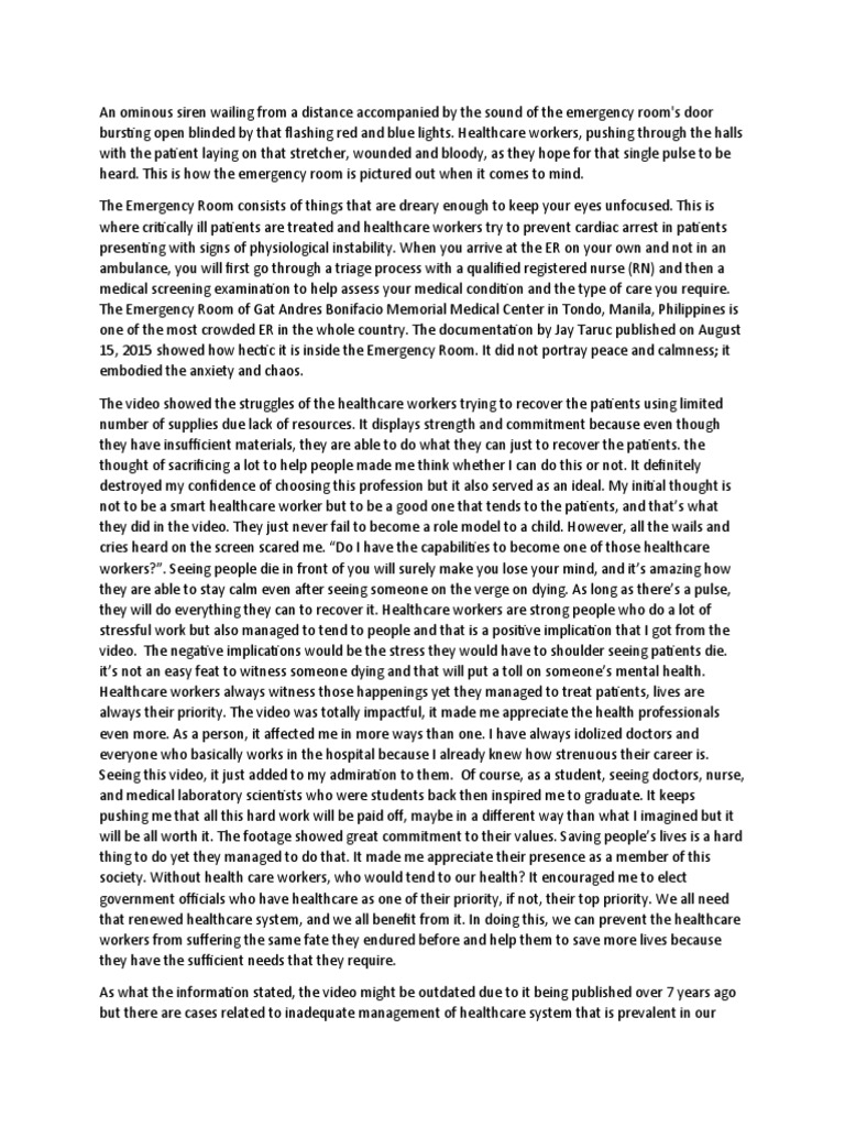 Reflection Paper Emergency Room | PDF | Health Care | Health System