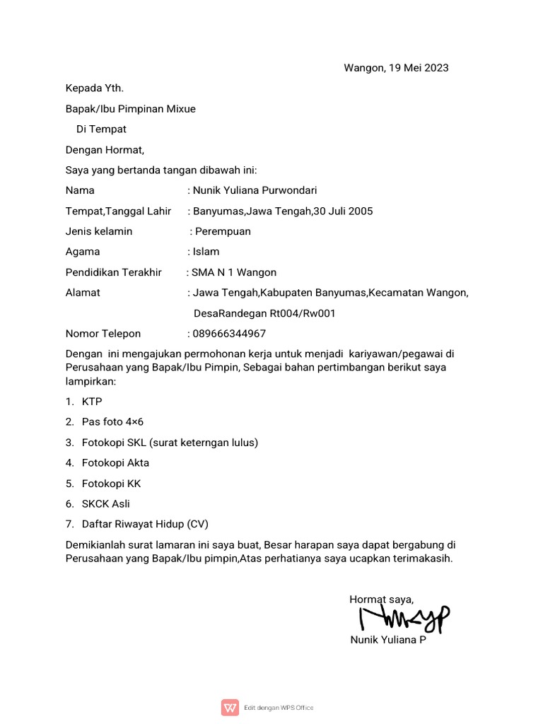 Surat Lamaran Mixue - Nunik30 | PDF