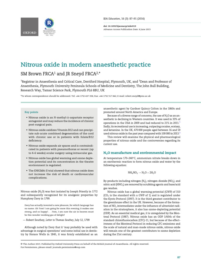 Nitrous Oxide in Modern Anaesthetic Practice - Bjae | PDF | Nitrous Oxide | Anesthesia