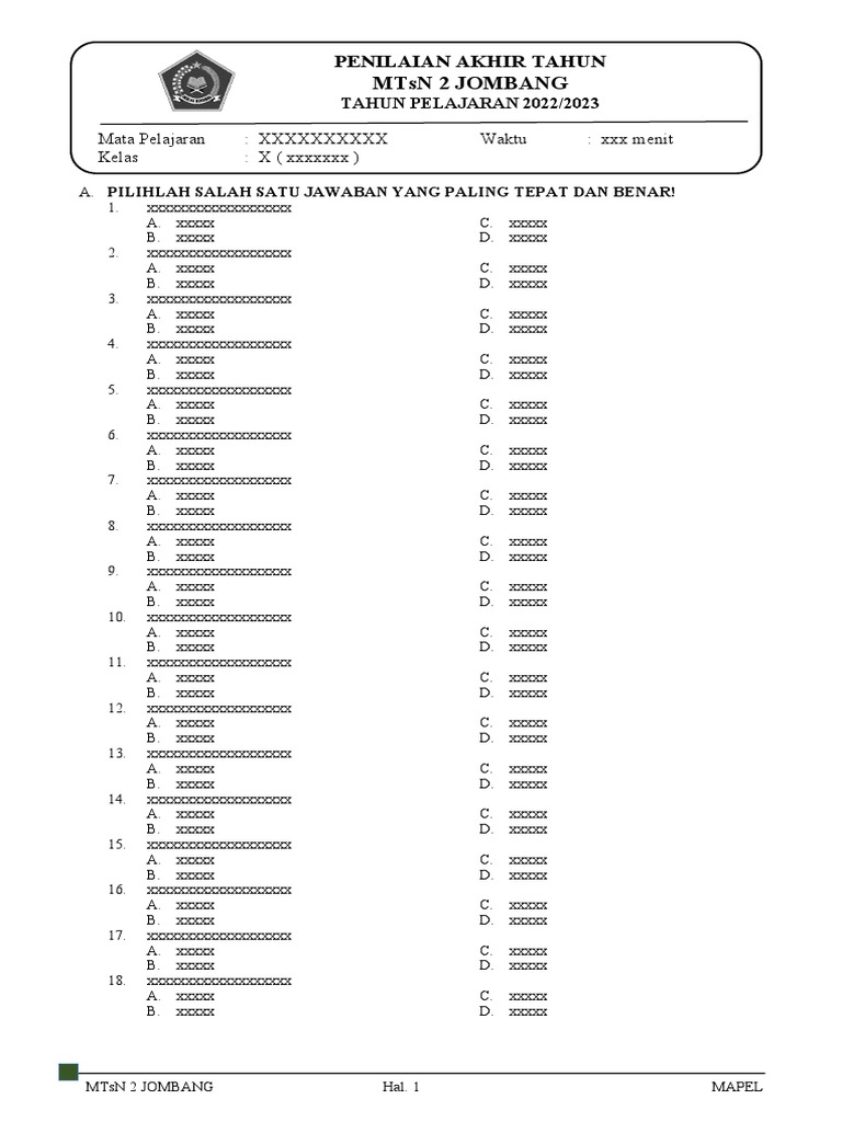 Kelas Mapel Soal Pat 2023 | PDF