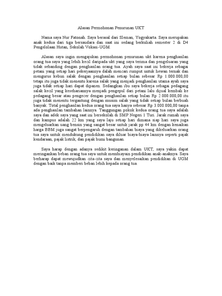 Alasan Permohonan Penurunan UKT | PDF