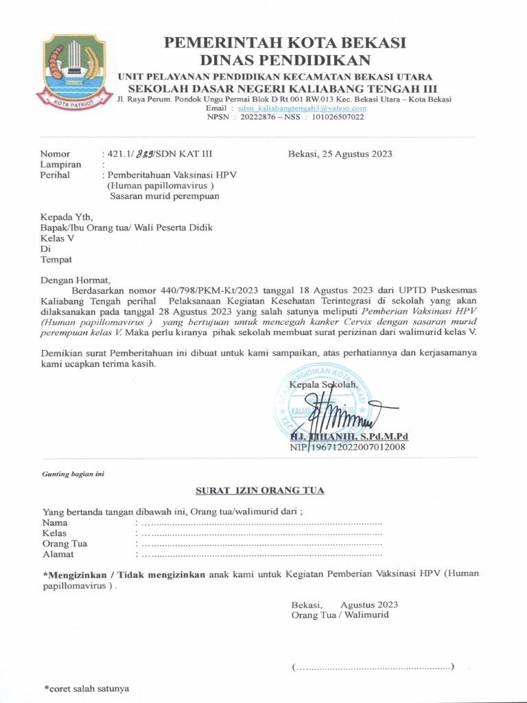 Surat Pemberitahuan Vaksinasi HPV Untuk Sasaran Siswa Perempuan Kelas V ... Surat Pemberitahuan Vaksinasi HPV Untuk Sasaran Siswa Perempuan Kelas V ...
