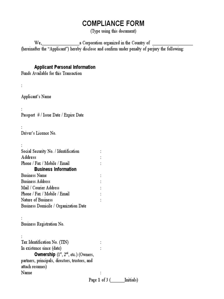 1 Compliance Form Word | PDF | Identity Document | Business
