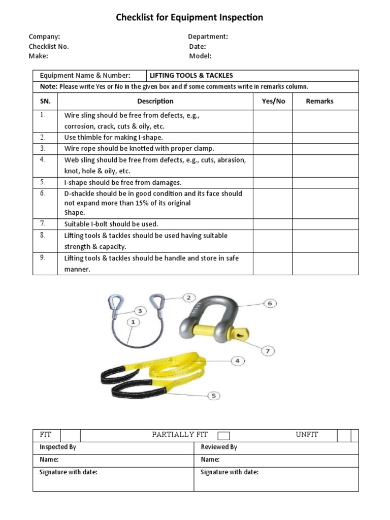 Checklist For Equipment Inspection Lifting Tools | PDF