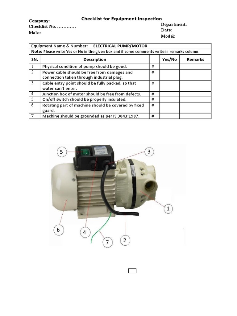 Checklist For Equipment Inspection Electrical Pump Motor | PDF