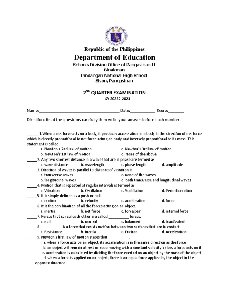 PHYSICAL SCIENCE 2nd QUarter Exam | PDF | Force | Waves