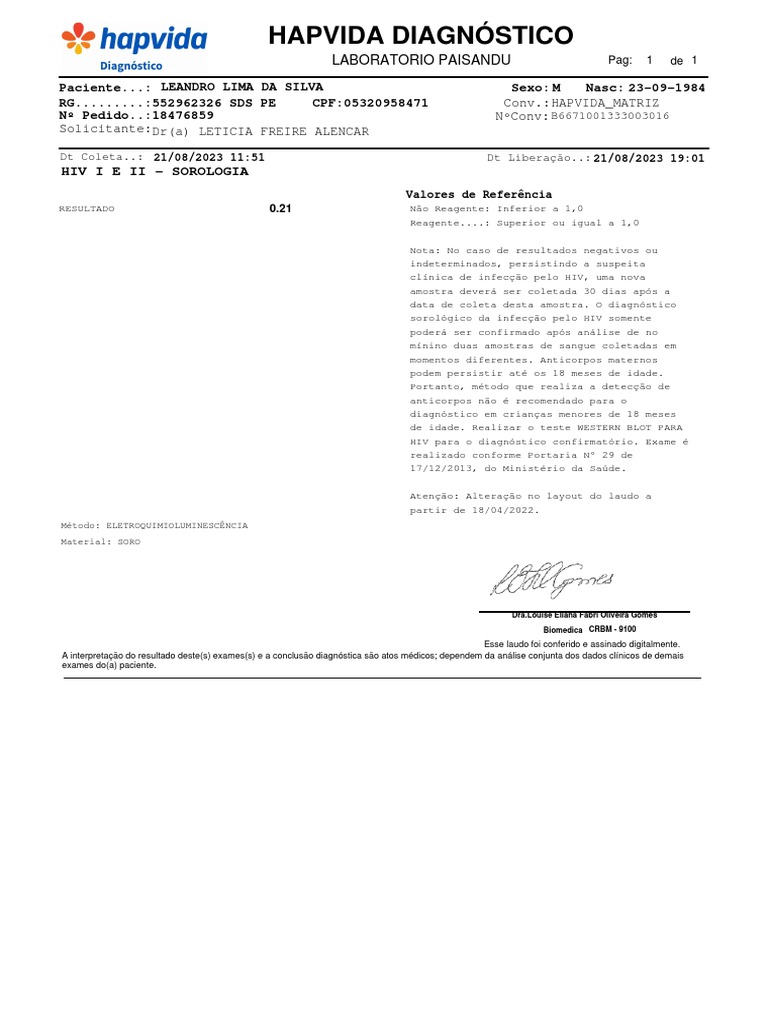 Hapvida Diagnóstico: Hiv I E Ii - Sorologia | PDF
