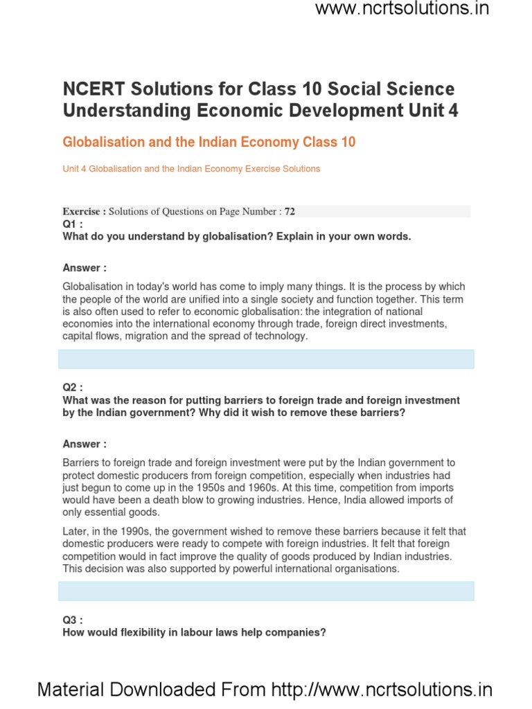 NCERT Solutions For Class 10 Social Science Understanding Economic Development Unit 4 | PDF ...