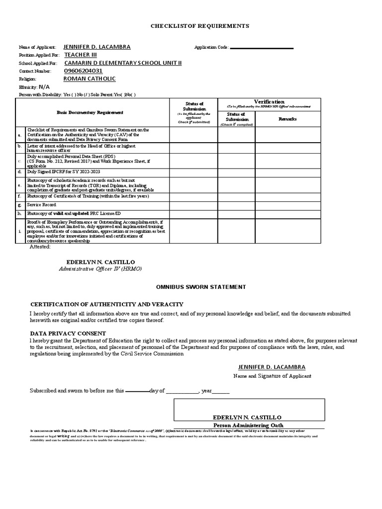 Omnibus Sworn Statement and CertificationWaiver Pursuant To Data ...