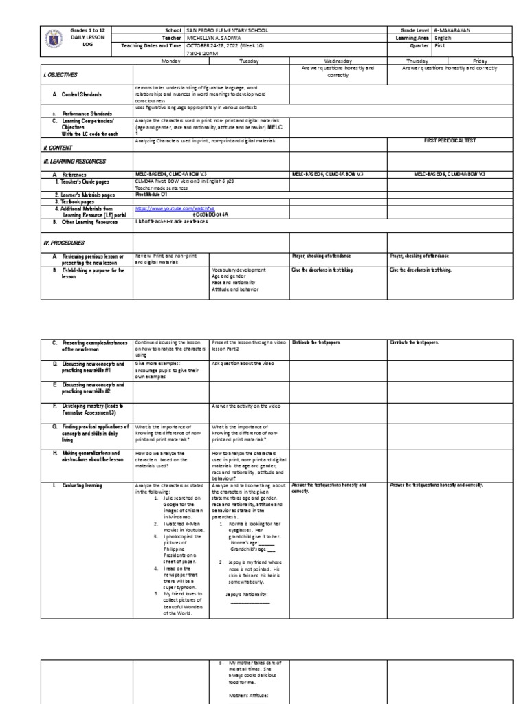 Grade 6 English Lesson Plan | PDF | Language Arts & Discipline