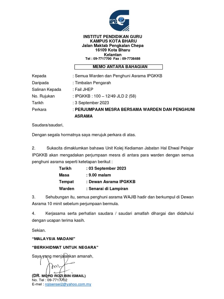 Memo Perjumpaan Mesra Bersama Warden Dan Penghuni Asrama | PDF