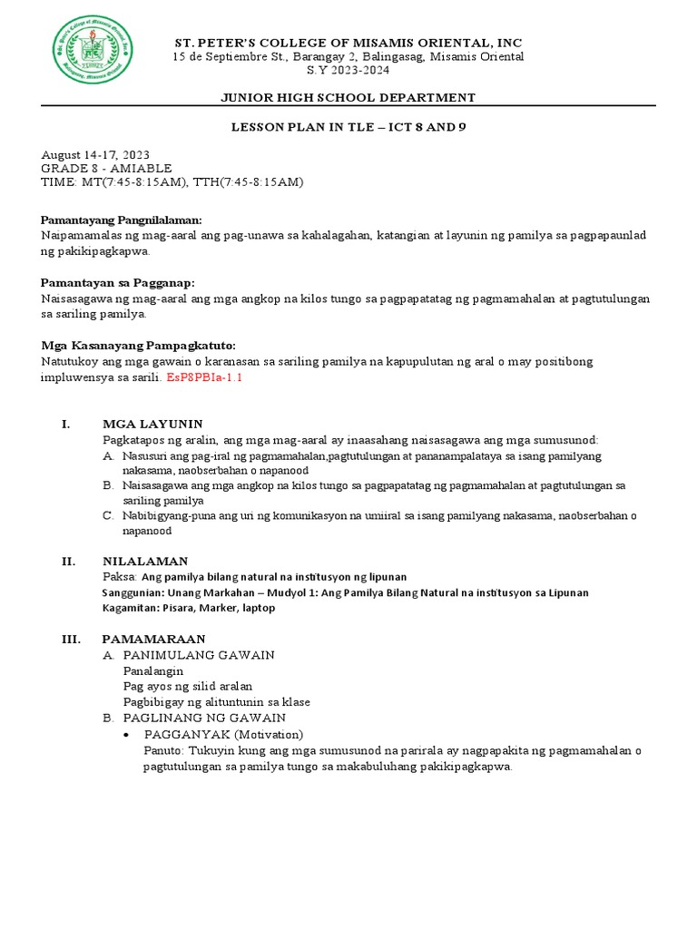 Esp Lesson Plan - Week 1 | PDF