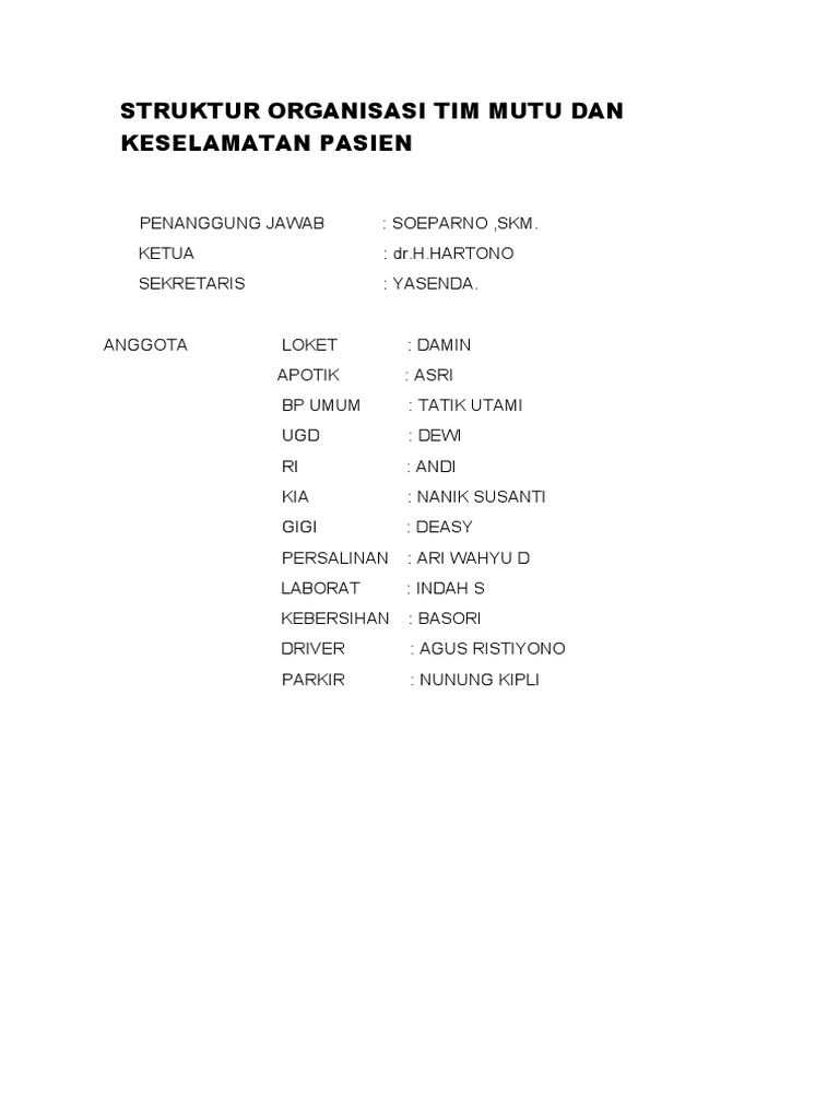 Struktur Organisasi Tim Mutu Dan Keselamatan Pasien | PDF