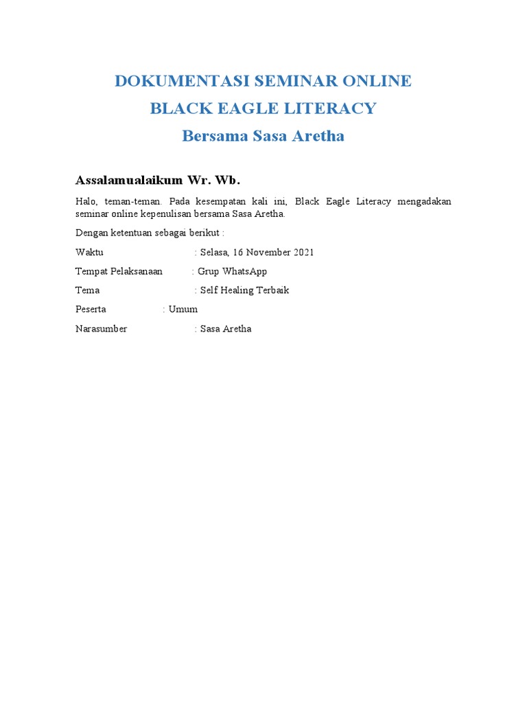 DOKUMENTASI SEMINAR ONLINE BEL BERSAMA KAK SASA ARETHA | PDF