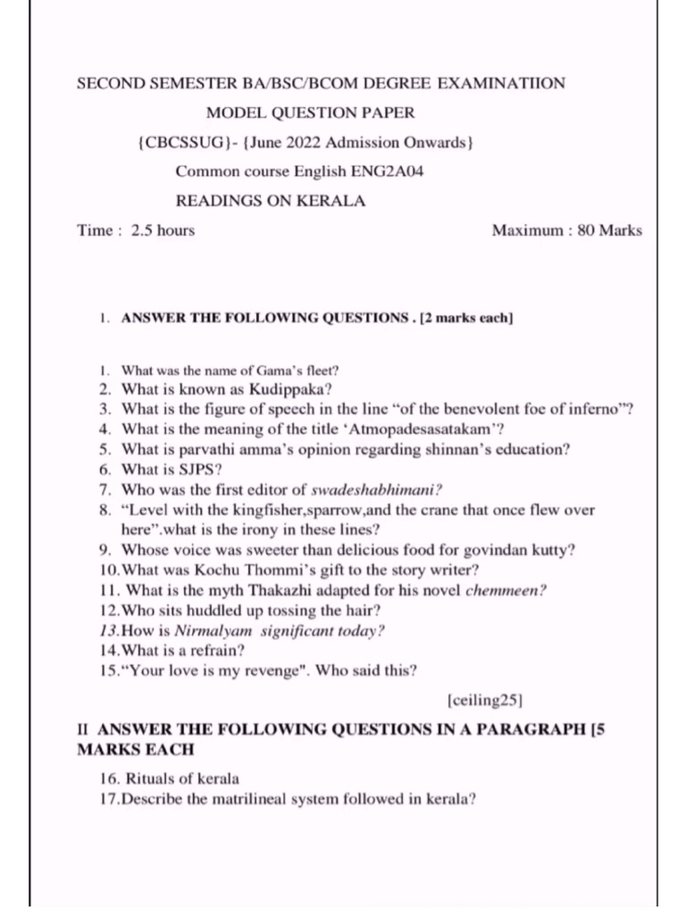 Readings On Kerala Model Question Paper | PDF