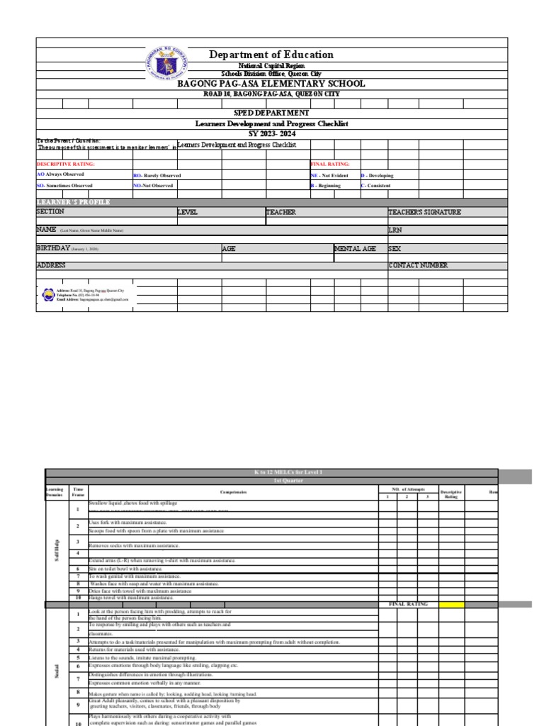 Edited Checklist SPED NonGraded Level 1 | PDF