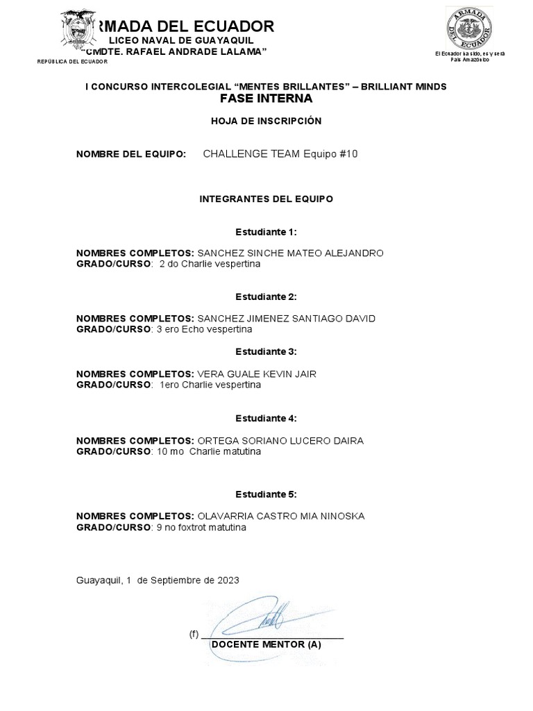 Ficha de Inscripción - FASE INTERNA | PDF