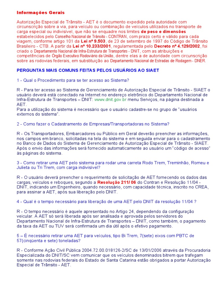 AET DNIT Info Gerais | PDF | Tráfego | Rodovia de acesso controlado