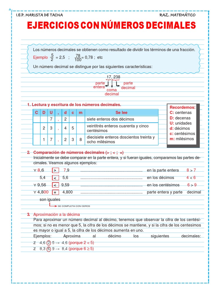Ejercicios Con Numeros Decimales | PDF